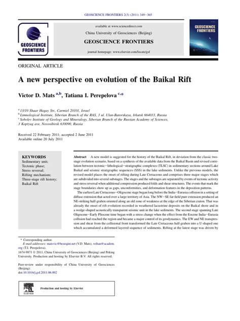 A New Perspective On Evolution Of The Baikal Rift 2011 Geoscience
