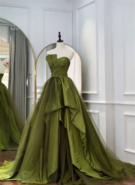 Green Satin And Tulle Long Formal Dress Party Dress Green Ruffle Tier