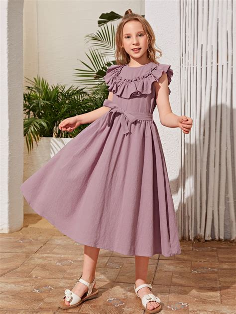 Shein Girls Contrast Binding Layered Ruffle Hem Belted Dress Artofit