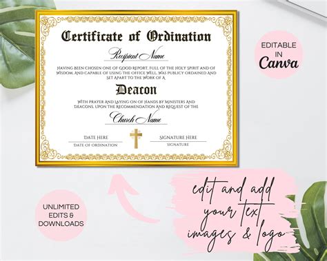 Deacon Ordination Certificate Template Printable Certificate Of Ordination Editable Ministry