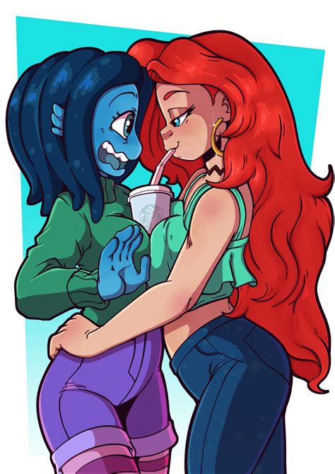 Rule 34 2girls Big Breasts Blue Background Blue Eyes Blue Hair Blue Skin Blush Breasts On