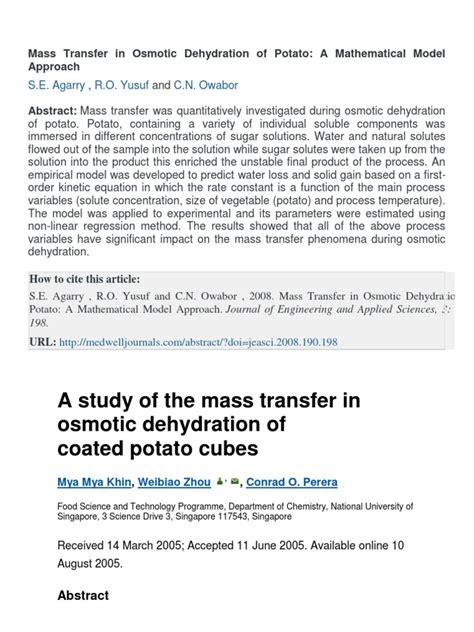 Mass Transfer In Osmotic Dehydration Of Potato Pdf Osmosis Applied And Interdisciplinary