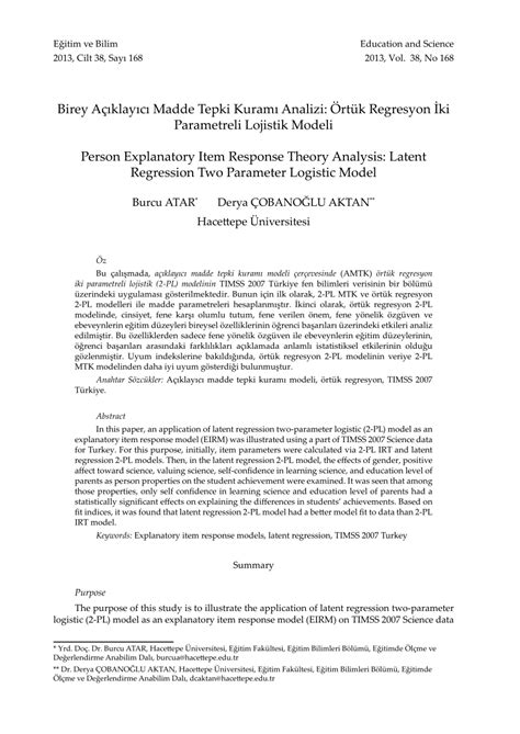 Pdf Person Explanatory Item Response Theory Analysis Latent Regression Two Parameter Logistic