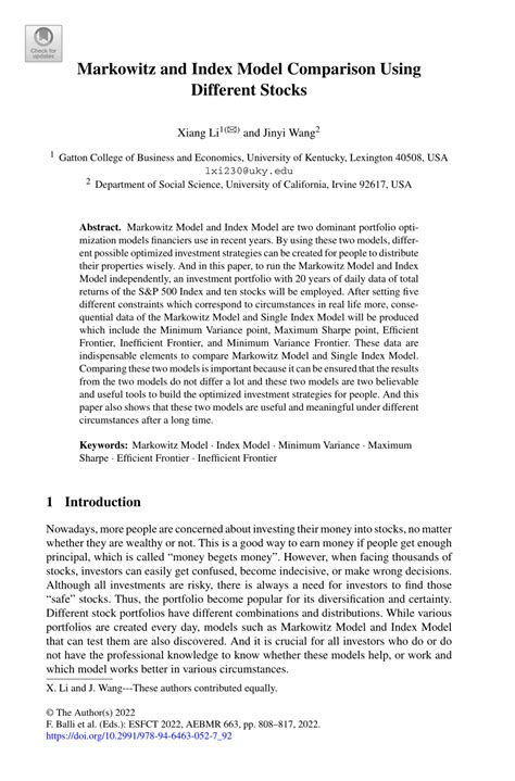Pdf Markowitz And Index Model Comparison Using Different Stocks