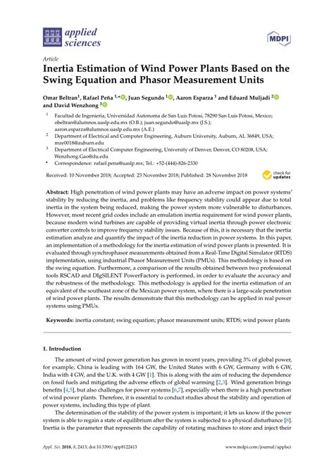 PDF Inertia Estimation Of Wind Power Plants Based On The Swing