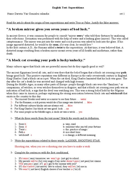 First Conditional Superstitions Reading Comprehension Exercises Pdf
