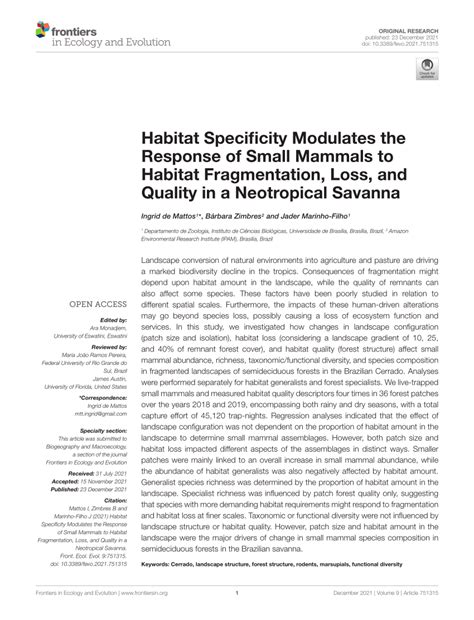 Pdf Habitat Specificity Modulates The Response Of Small Mammals To Habitat Fragmentation Loss