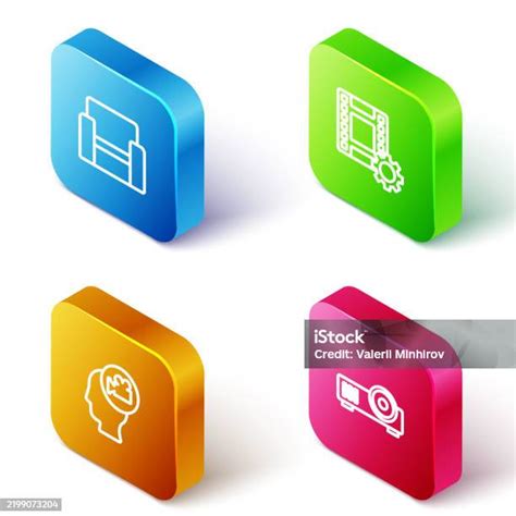아이소 메트릭 라인 시네마 의자 비디오 재생 카메라가있는 머리 및 미디어 프로젝터 아이콘을 설정합니다 벡터 3차원 형태에 대한 스톡 벡터 아트 및 기타 이미지 Istock