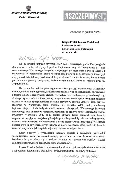 LIST MINISTRA OBRONY NARODOWEJ SZPITAL W LEGIONOWIE Parafia Matki