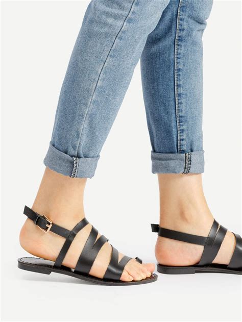 Toe Post Pu Strappy Flat Sandals Sheinsheinside