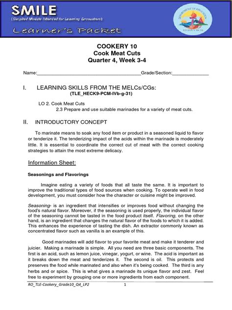 Tle Cookery Grade 10 Q4 Lp2 Edited Pdf Marination Cooking