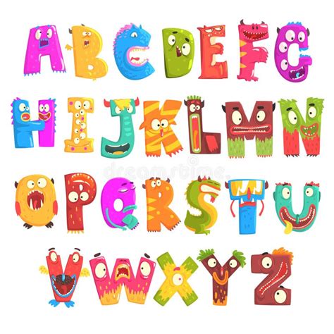 五颜六色的与滑稽的妖怪的动画片儿童英语字母表 孩子的教育和发展详述了五颜六色 向量例证 插画 包括有 字母 敌意 94439630