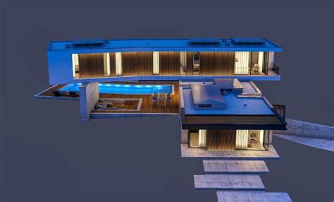 회색에 고립 된 밤에 수영장을 가진 언덕에 현대 주택의 3d 렌더링 0명에 대한 스톡 사진 및 기타 이미지 0명 강철