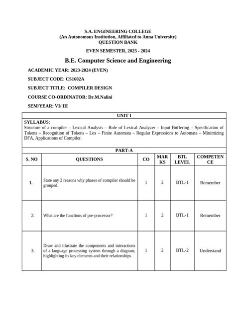 Compiler Design Qb Cs1602a Pdf Parsing Computer Programming