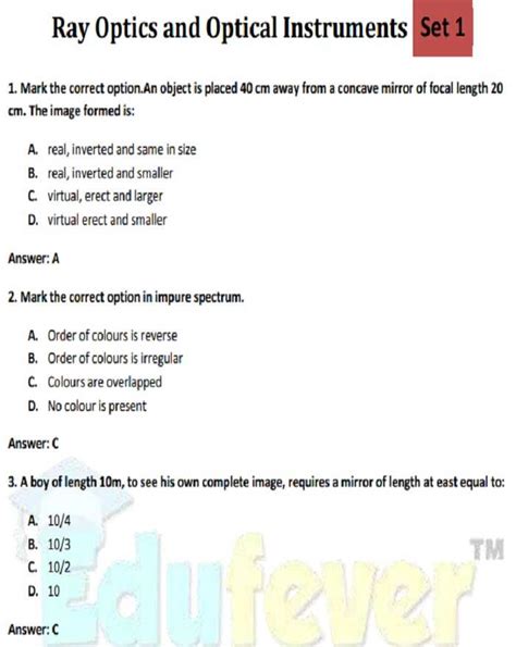 Class Th Ray Optics And Optical Instruments Mcq E Book