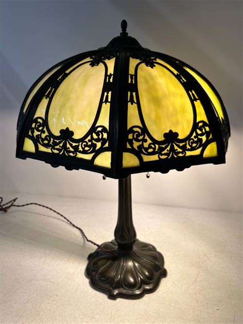 Lot 88 Antique Art Nouveau Green Slag Glass Table Lamp 18” Shade