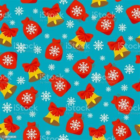 원활한 크리스마스 패턴입니다 파란색 배경에 Xmas 종 눈송이 및 선물 가방 새해 복 많이 받으시고 메리 크리스마스 끝없는 선물