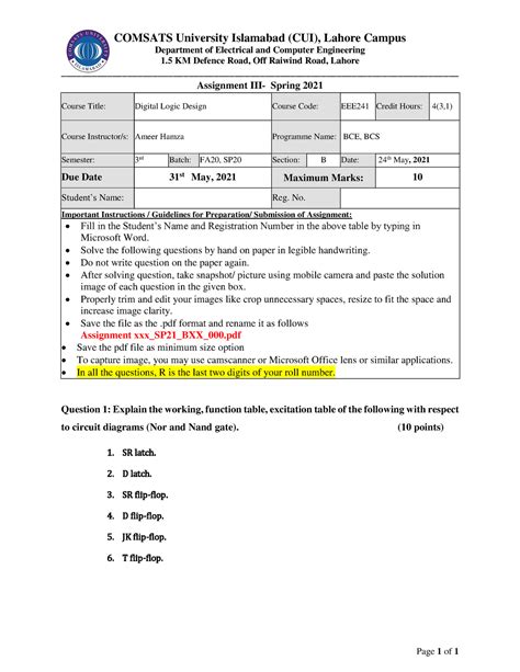 Class Assignment Digital Logic Design Page 1 Of 1 COMSATS University Islamabad CUI Lahore