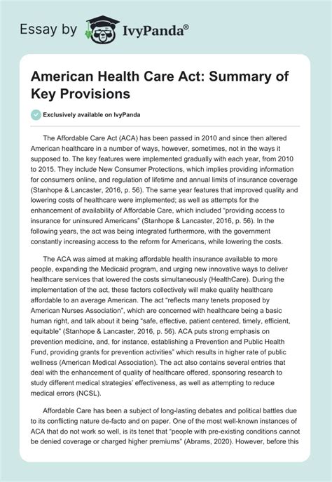 American Health Care Act Summary Of Key Provisions 394 Words Essay