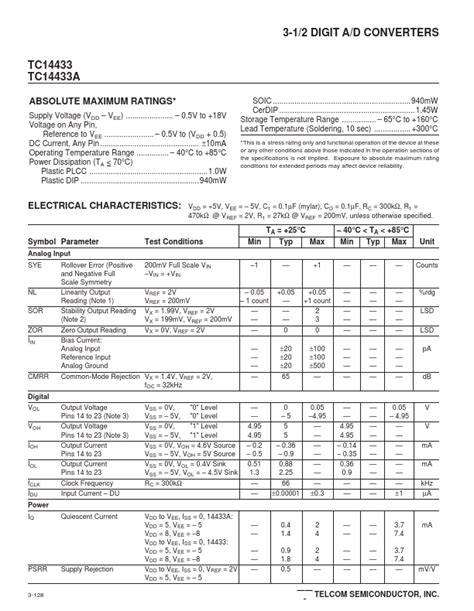Tc14433a Tc14433 Datasheet Tc14433 Telcomsemiconductor Pdf 3 1 2 Digit A D Converters