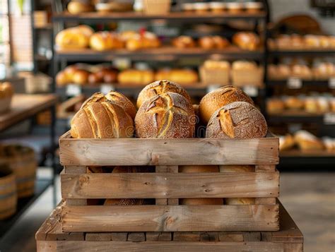 Bread In Wooden Crates On Display In A Bakery Stock Image Image Of