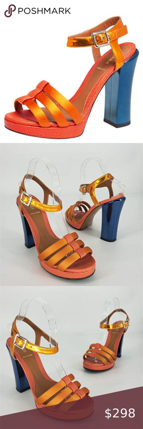 Fendi Orange Lizard Embossed Ankle Strap Heels Heels Ankle Strap