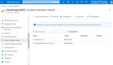 Add A Custom Domain Name To Azure Active Directory Tech Tristantyson Cloudmgmt Co Uk
