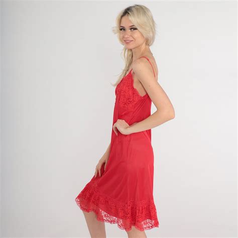 Red Slip Dress 70s Lingerie Nightgown Lace Midi Floral 1970s Vintage