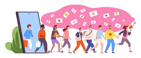 모바일 추천 프로그램 전화에서 걷는 사람들은 친구 개념을 추천하고 충성도 고객 마케팅 배너 온라인 제휴사 초대 친구 화려한 벡터 일러스트레이션을 추천합니다 개념에 대한 스톡