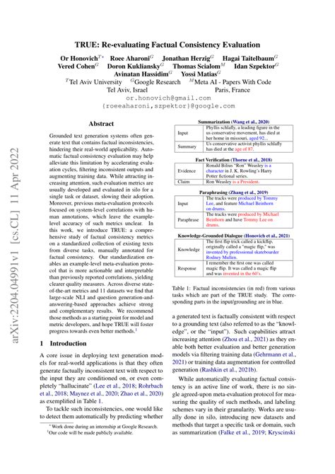 Pdf True Re Evaluating Factual Consistency Evaluation