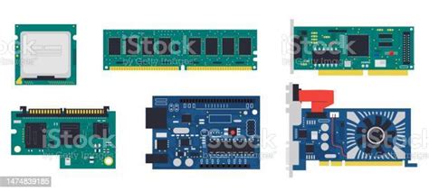 전자 Pcb 메모리 칩 도체 및 반도체 구성 요소가있는 전기 회로 기판 벡터 마이크로 컨트롤러 하드웨어 세트 0명에 대한 스톡