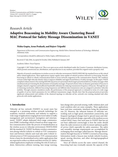 Pdf Adaptive Beaconing In Mobility Aware Clustering Based Mac Protocol For Safety Message