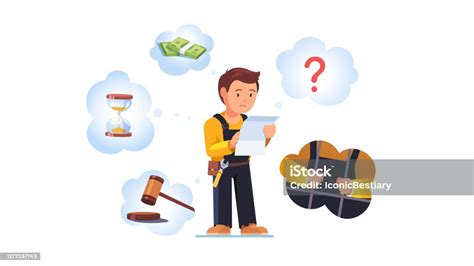 슬픈 손에 법률 종이 또는 청구서를 가진 계약자 노동자 남자를 끊었다 선고에 대한 두려움 은행 부채로 인한 기소 법을 어기는 것 위기 파산 금융 문제 개념 플랫 벡터