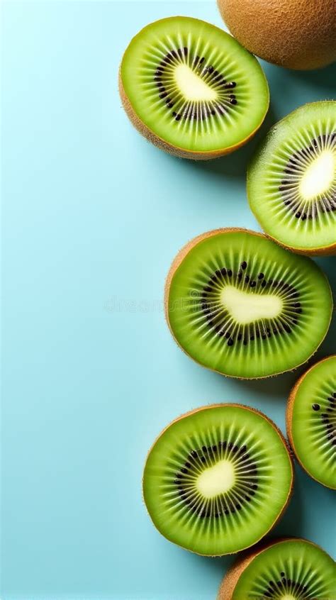 Vibrant Fruit Display Whole Kiwi And Sliced Kiwis Organized On A Blue Tabletop Stock