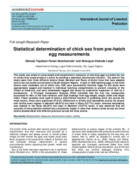 Pdf Statistical Determination Of Chick Sex From Pre Hatch Egg Measurements