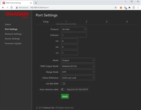 Swisson XND Ethernet To DMX Node Web Interface