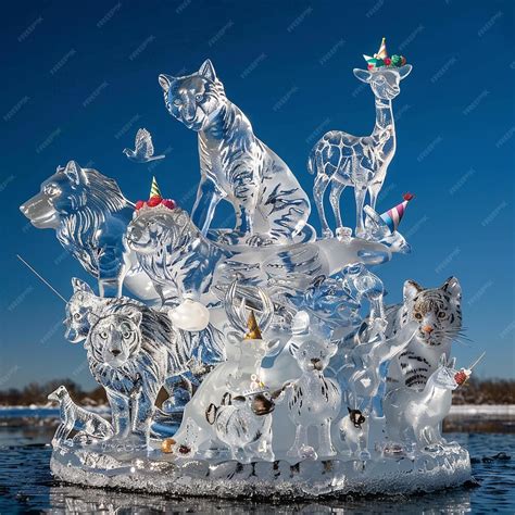A Whimsical Ice Sculpture Of Animals At A Tea Party Premium Ai