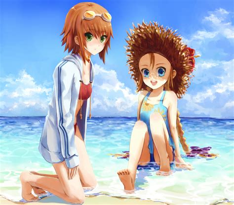 Safebooru 2girls Barefoot Beach Bikini Blonde Hair Blue Eyes Braid