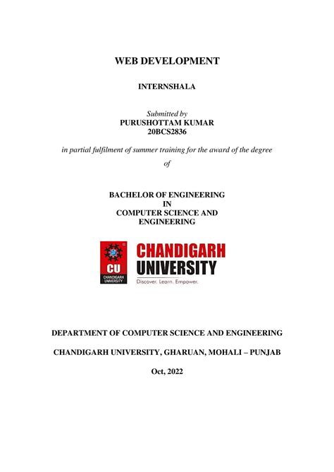 20bcs2836 Purushottam Kumar Project Report Web Development Internshala Submitted By