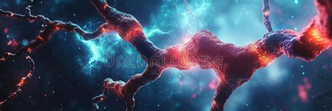 Glowing Abstract Network Or Connection Of Neural Fibers With Synapses On A Blue Background Stock