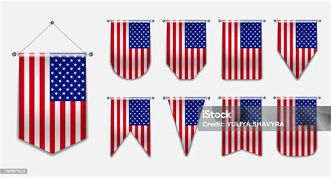직물 감촉으로 미국의 깃발을 매달려 세트 다양성 수직 국가의 국기의 3d 모양을 고립 배경 배너 웹 상 축제에 대한 수직 템플릿 페넌트 Eps 3차원 형태에 대한 스톡 벡터