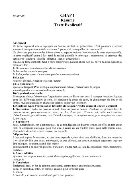 Texte Explicatif Dr Mir Ali Chap 1 Résumé Texte Explicatif A