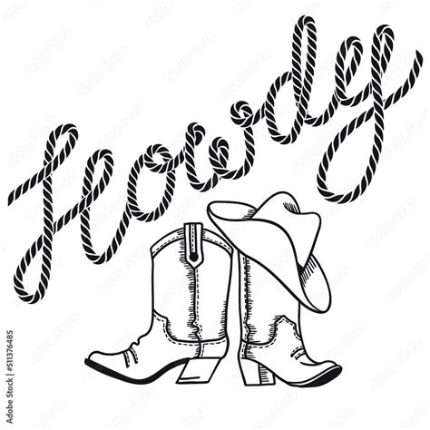 Vetor De Howdy Text With Cowboy Boots And Hat Vector Lasso Text And