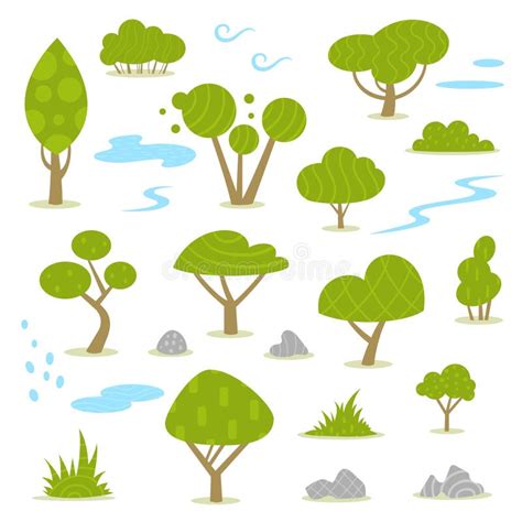 Set Of Various Trees Bushes Grass Water And Stones Assets For Landscape