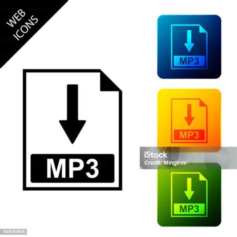 Mp3 파일 문서 아이콘입니다 Mp3 버튼 아이콘을 분리 다운로드합니다 설정 아이콘 다채로운 사각형 버튼 벡터 일러스트레이션 Mp3 플레이어에 대한 스톡 벡터 아트 및 기타