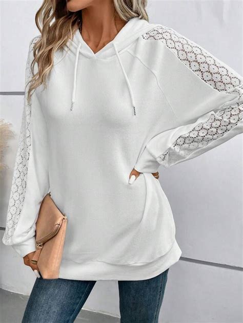 Shein Frenchy Contrast Lace Raglan Sleeve Drawstring Hoodie Shein