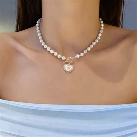Pearl Heart Necklace Dainty Pearl Beaded Heart Pendant Necklace T