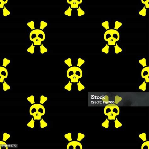 黒い背景に小さな黄色の頭蓋骨とクロスボーンかわいいモノクロのシームレスなパターンベクター画像のシンプルなフラットグラフィックイラスト