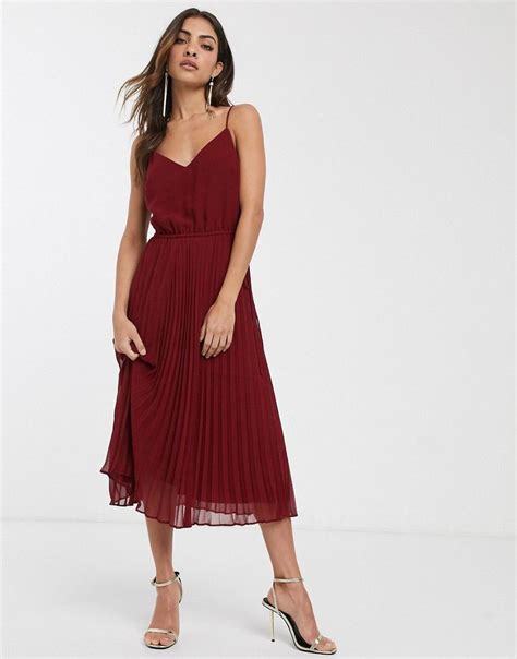 Asos Design Pleated Cami Midi Dress With Drawstring Waist In Oxblood