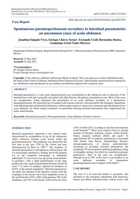 Pdf Spontaneous Pneumoperitoneum Secondary To Intestinal Pneumatosis